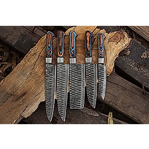 Custom Handmade Damascus Steel 5 pcs Professional Kitchen Chef Knife Set with 5 Pocket Case Chef Knife Roll Bag/Brown & Blue Dollar Sheath