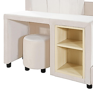 Full Size Multi-Functional Design Upholstered Grounded Bed, Velvet Upholstered Platform Bed, Mother & Child Bed with Bedside Desk and Little Round Stool for Kids Boys Girls (Beige-119)