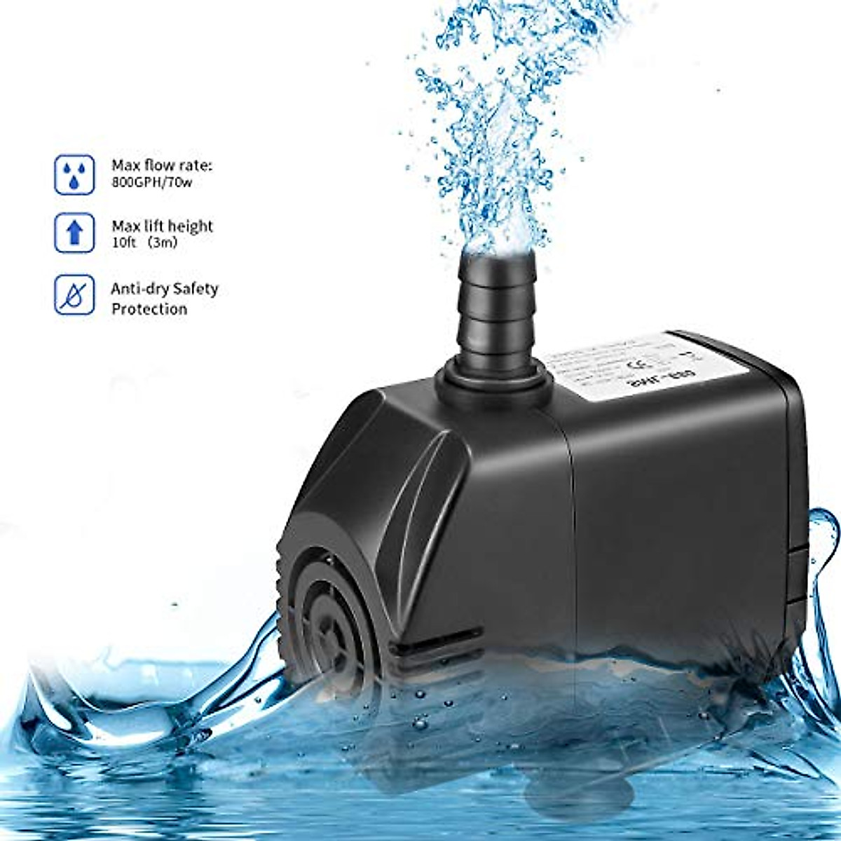 Winkeyes 800GPH Fountain Pump, 70W Outdoor Fountain Pump with Anti Dry Burning, Ultra Quiet Submersible Pond Pump with 10ft High Lift, 5.9ft Power Cord, 3 Nozzles, No Water Flow Adjustment (Black-70W)