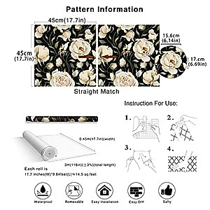 HAOKHOME Peel and Stick Wallpaper Floral Vintage Roses Peonies Contact Paper Removable Black/Beige/Olive Self Adhesive Mural 17.7in x 9.8ft