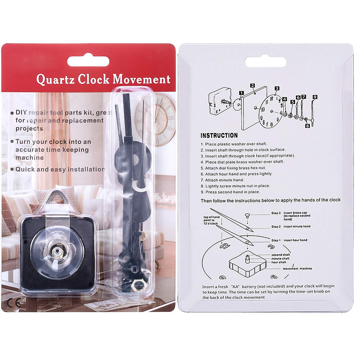 High Torque Long Shaft Clock Movement Mechanism Wall Quartz Clock Mechanism Kit with 2 Different Pairs of Hands Clock DIY Repair Parts Motor Replacemen(Color Set 1, Shaft Length 9/10 Inch/23 mm)