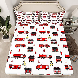 Erosebridal Fire Truck Sheet Set Twin for Boys Teens Girls Firemen Car Vehicle Flat Sheet Kids Youth Firefighter Truck Fitted Sheet Red Fire Fighting Supplies Print Bed Sheet Set with 1 Pillowcase