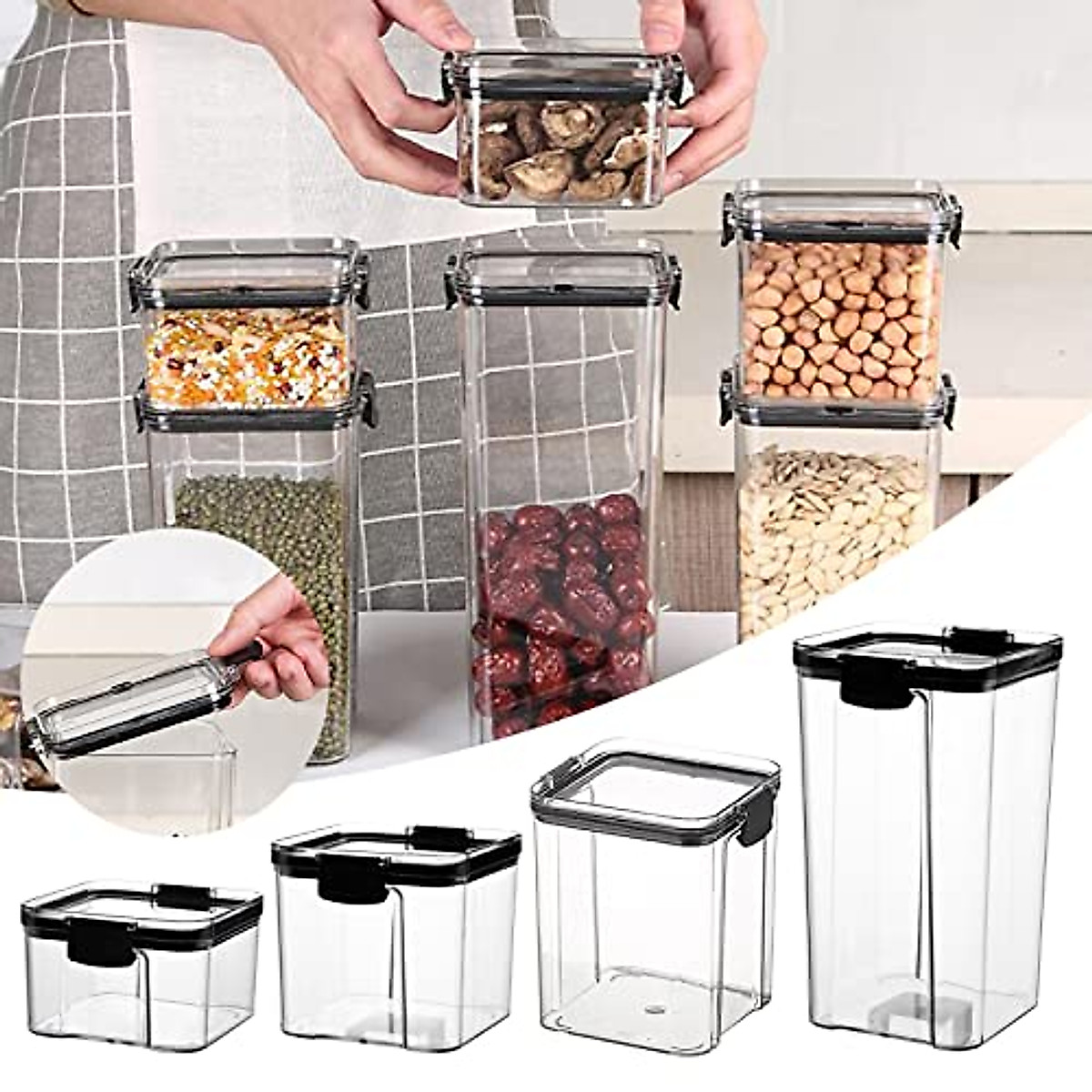 Rvikurc Airtight Food Storage Containers with Lids, Anti Leak Cereal Flour Storage with 4-Side Locks for Solid Food Sugars Soups and Sauces, Freezer-Safe Plastic Pantry Kitchen Organizations