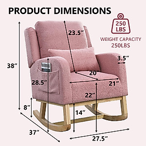 NIOIIKIT Nursery Rocking Chair, Modern High Back Armchair with Side Pockets, Glider Rocker with Padded Seat, Lumbar Pillow and Wood Base, Accent Chair for Living Room, Bedroom (Pink Teddy)
