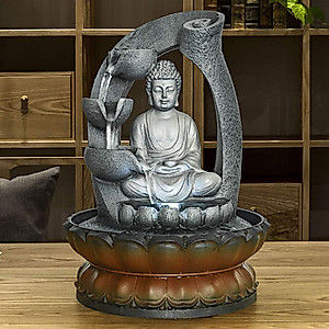 PeterIvan Buddha Fountain - 11in Buddha Tabletop Water Fountain for Home&Office Decoration, Decorative Sculpture with LED Light&Circular Water Flow for Good Luck Keeping (Grey, 11inch)