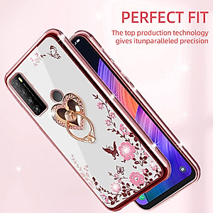 KuDiNi for TCL 30 XL Phone Case, 30XL T701DL Case for Women Glitter Crystal Soft Bling Butterfly Heart Floral Clear Protective Cover with Kickstand+Strap for TCL 30 XL 30XL (Rose Gold)
