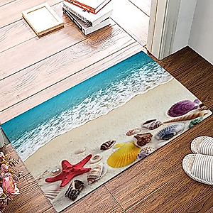 Outdoor Rug 18x30in Area Rug for Bedroom Decor Absorbent Door Mat Low Profile Kitchen Mat Carpet Coastal Beach Sand Starfish Seashell Nautical Teal Sea Water Bathroom Rugs for Home Decor Living Room