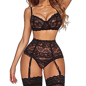 Avidlove Sexy Lingerie for Women Garter Lingerie Set High Waist Lingerie Underwire(Black,M