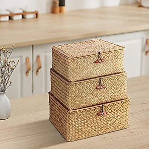 SHEYRAJIIA 3 Pack Cube Seagrass Storage Bins with Lids, Rattan Woven Decorative Storage Boxes, Wicker Storage Baskets for Shelves, Storage Containers for Organizing, Toys, Clothes and Hobby Things