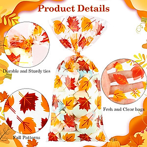BOEIAC Thanksgiving Treat Bags,100 Pcs Thanksgiving Fall Cellophane Treat Bags, Plastic Autumn Maple Leaves Pumpkin Candy Goodie Bags with Twist Ties for Thanksgiving Fall Theme Party Favor