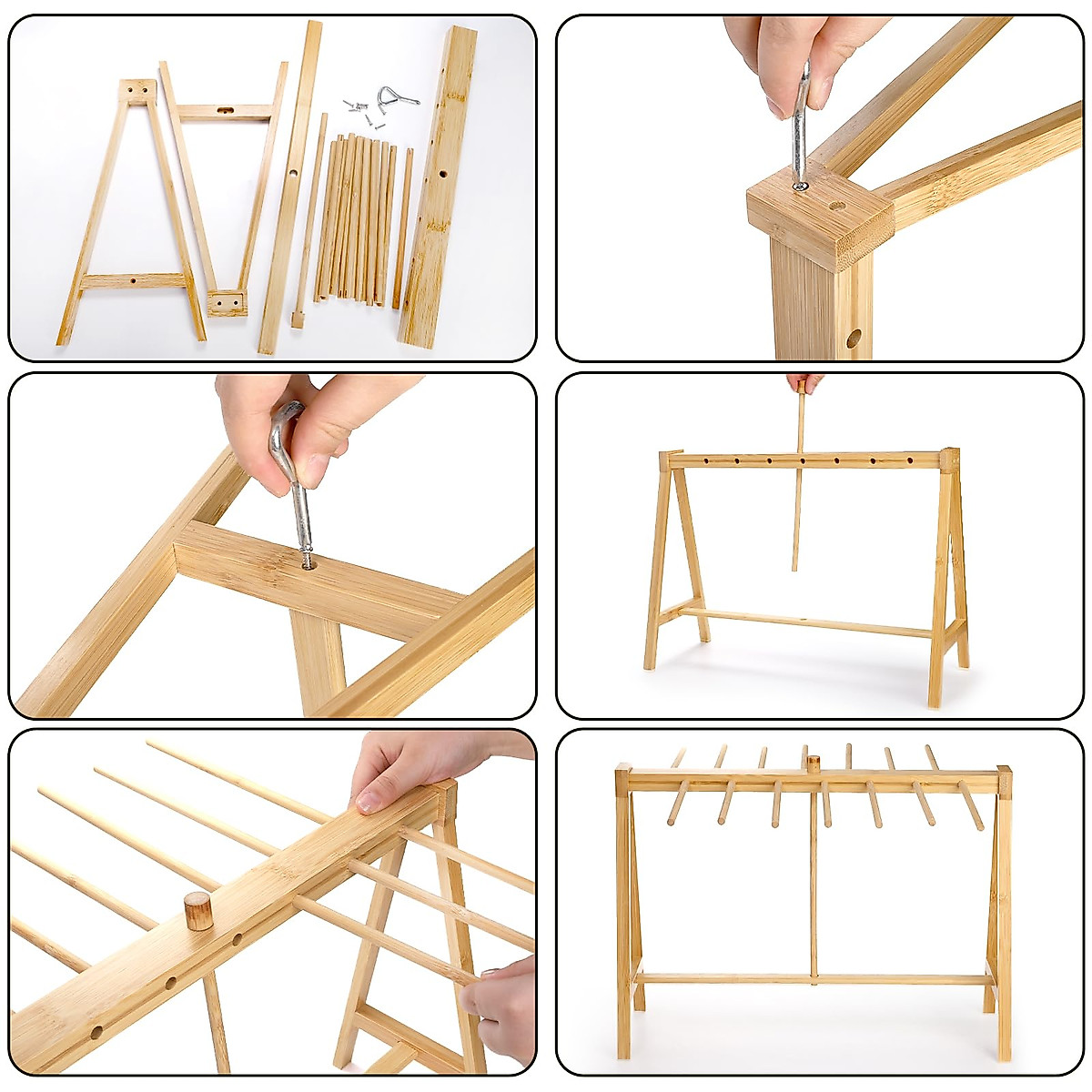 Pumtus Bamboo Pasta Drying Rack, Noodle Dryer Stand with Transfer Wand and 14 Bars, Stable Household Spaghetti Hanger, Lasagna Noodle Drying Rack for Kitchen and Cooking