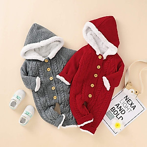 Camidy Baby Hooded Jumpsuit,Toddler Knitted Romper Cotton Long Sleeve One-Piece Coveralls