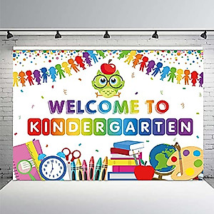 MEHOFOND 7x5ft Welcome to Kindergarten Backdrop Owl Colorful Flags Back to School Kids Classroom Party Decorations First Day in Preschool Kindergarten Photography Background Photo Studio