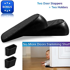 Amedoo Door Stoppers (2 Pack) Heavy Duty Door Stop Wedge Made of Premium Quality Zinc Alloy and Rubber, Comes with 2Pcs Adhesive Storage Holder. (Black, 2 Pack)