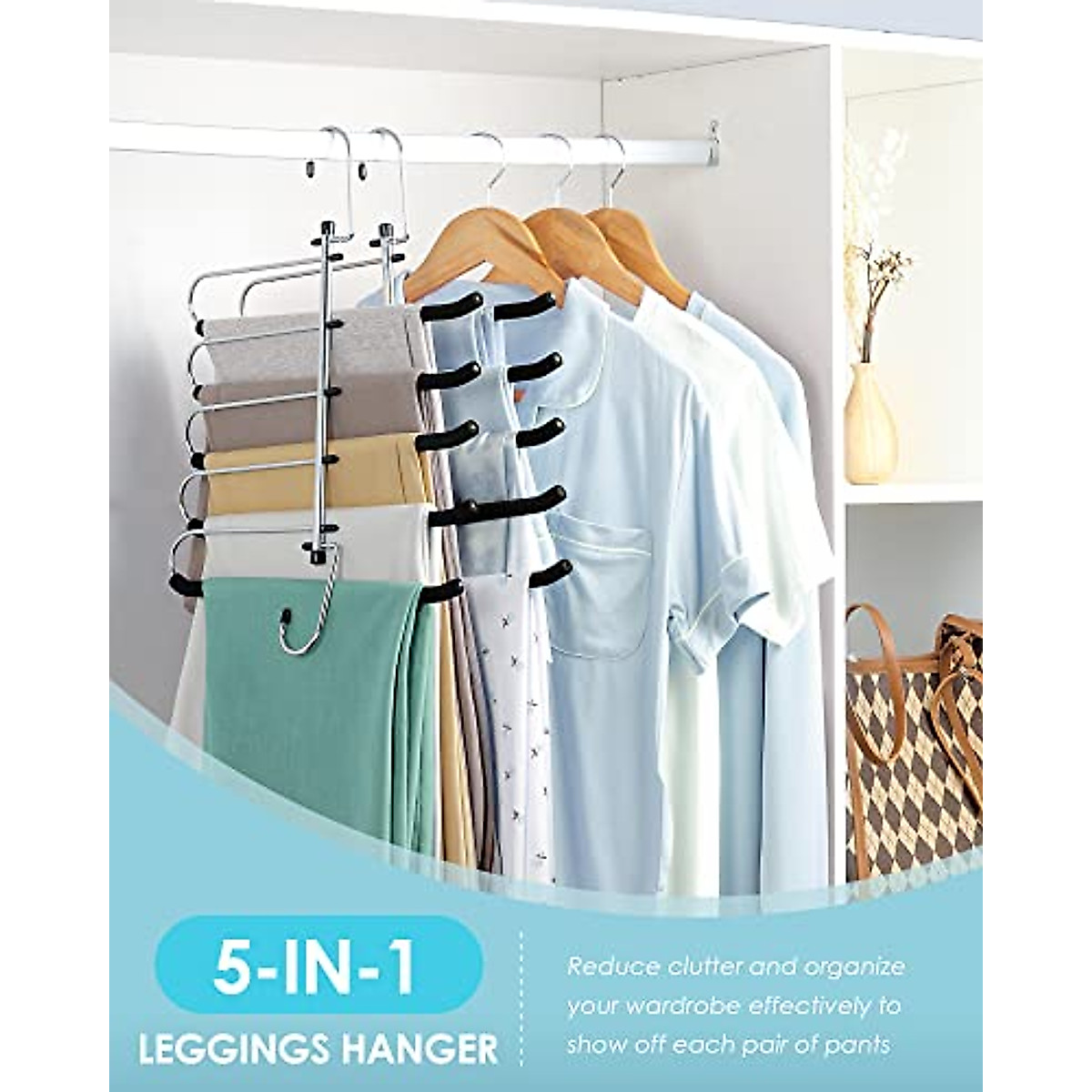 CINKSY Pants Clothes Hangers Space Saving - Upgrade Non Slip Jeans Hanger Rack with Foam Padded Swing Arm Leggings Hanger Multiple Layers Closet Organizer and Storage for Trousers, Scarf, Tie - 2 Pack