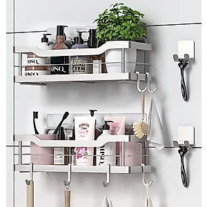Carwiner Shower Caddy Bathroom Shelf 2-Pack, Basket with 8 Hooks for Hanging Shampoo Conditioner, SUS304 Stainless Steel Rack Wall Mounted Storage Organizer for Kitchen, No Drilling (Silver)