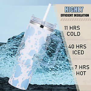 Xereizo 40 oz Tumbler with Handle and Straw, Leak Proof Stainless Steel Insulated Travel Coffee Tumbler Cups Lid and Straw, Iced for 40 Hours Cupholder Friendly Water Bottle Mug, Cow Stripe Glacier