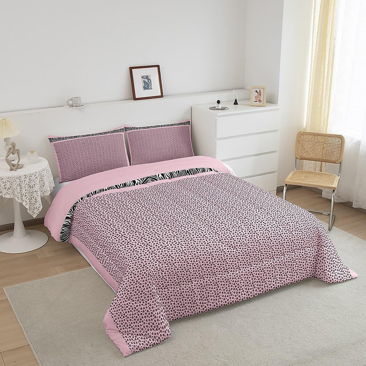 Erosebridal Animal Print Bedding Set Queen Girly Pink Comforter Set, Cheetah Printed Duvet Insert Safari Leopard Quilt Set, Black and White Zebra Skin Bedding Comforters & Sets for Kids Boys Girls