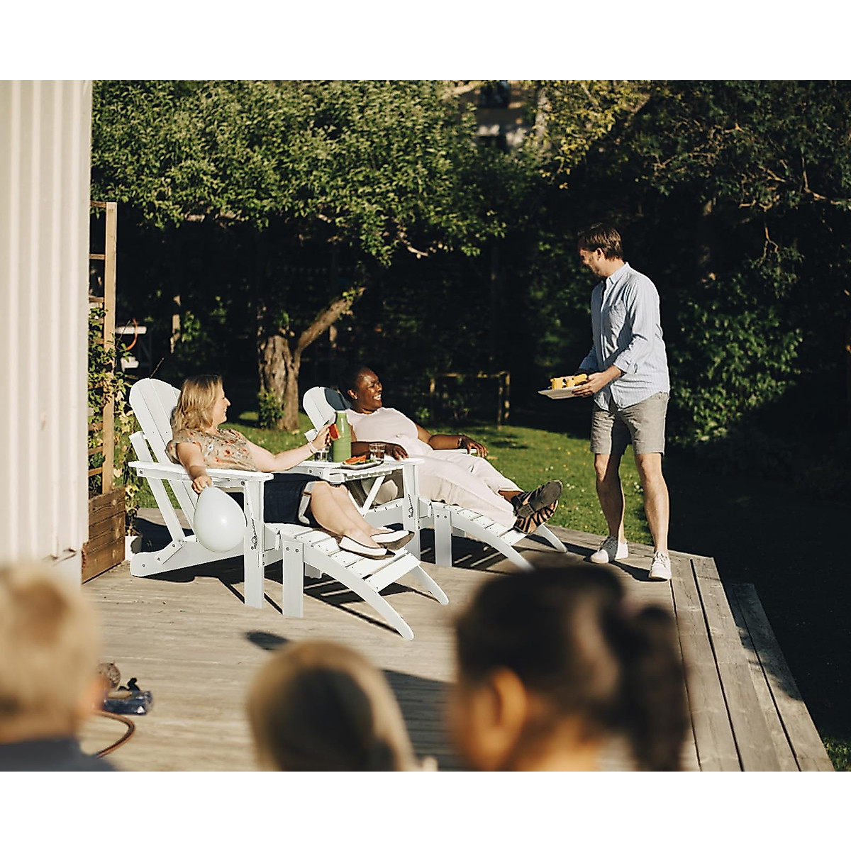 ABCPATIO Folding Adirondack Chair with Footrest - Outdoor Weather Resistant Plastic Adirondack Chairs with Detachable Ottoman, Stackable Seating with Cup Holder for Patio (Seat Width 21.6",White)