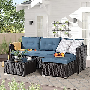 OC Orange-Casual Patio Furniture Set, All-Weather Outdoor Sectional Sofa Set, Wicker Lounge Couch with Glass Coffee Table for Deck Balcony Porch, Brown Rattan, Aegean Blue Cushion