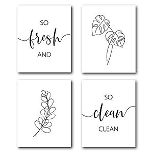 XWELLDAN Modern Bathroom Quotes So Fresh And So Clean Clean Minimalist Leaves Line Wall Art Poster Prints, Boho Plant Bathroom Wall Art Decor, 8 x 10 Inch Set of 4 Prints, Unframed