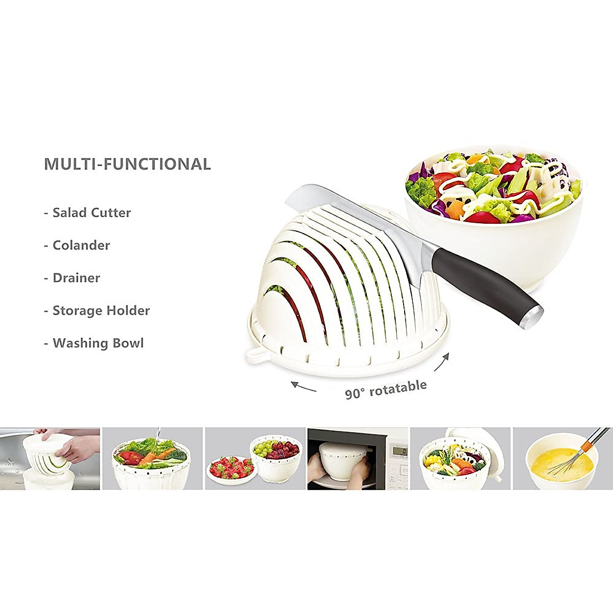 Fantasee Easy Fruit Vegetable Salad Cutter Bowl, Multi-Function Kitchen Colander Strainer Double Layered Rotatable