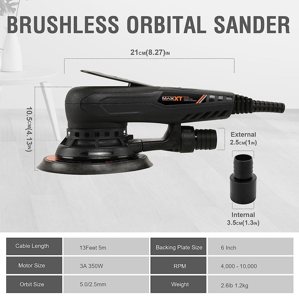 MAXXT Random Orbital Sander Brushless 350W 3A Multi-function Variable Speed Electric Corded Orbital Sanders Machine with 10 Sanding Paper for Woodworking, Drywall Sanding, Polishing (5.0mm Orbit)