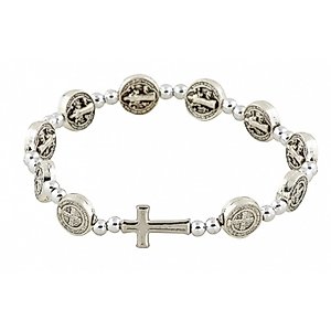 Religious Jewelry Silver Tone Saint Benedict Medal Prayer Bead Rosary Stretch Bracelet, 7 1/2 Inch