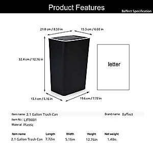 Baffect Kitchen Trash Can with Lid Garbage Can Plastic Waste Bin Dustbin Bucket for Bathroom Bedroom Living Room Office -2.1 Gallon(Rectangular, Black)