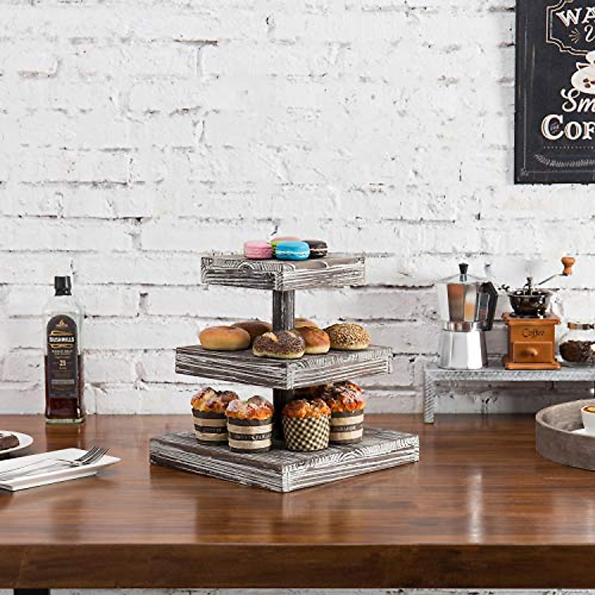 MyGift 3-Tier Torched Wood Cupcake Stand, Dessert Appetizer Serving Tray Tower