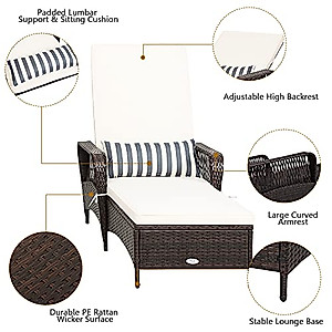 HAPPYGRILL Outdoor PE Rattan Lounge Chair Recliner Patio Chaise Lounger with Extra Waist Pillow, Reclining Chair with 6 Adjustable Gears for Outdoor Beach Pool Backyard