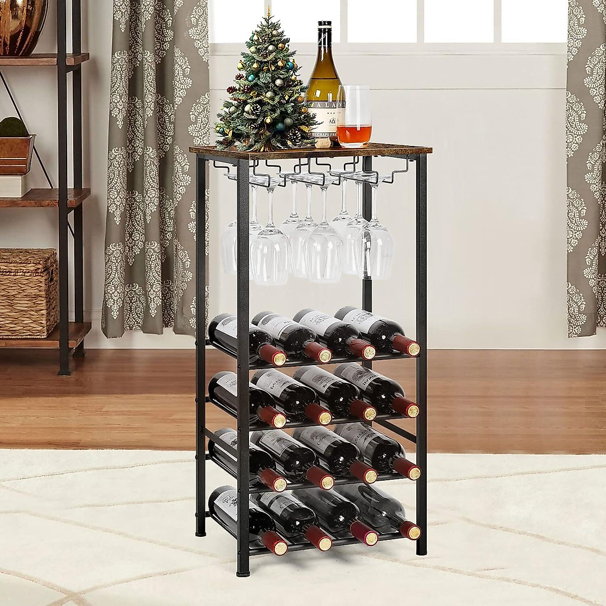 Wine Rack Table, FreeStanding Wine Bar Rack, Wine Bar Cabinet with GlassBottle Holder, Metal and Wood Industrial Wine Cabinet for Home, Floor Liquor Wine Cabinet Storage, for Bar Kitchen Dining, Brown