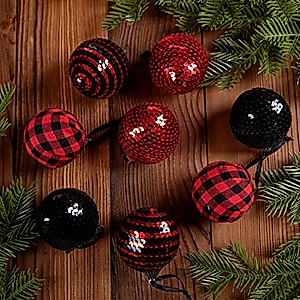 12pcs Black and Red Sequin Balls ,1.96" Christmas Buffalo Plaid Hanging Balls,Shatterproof Xmas Checkered Tree Ornaments for Party Home Decor