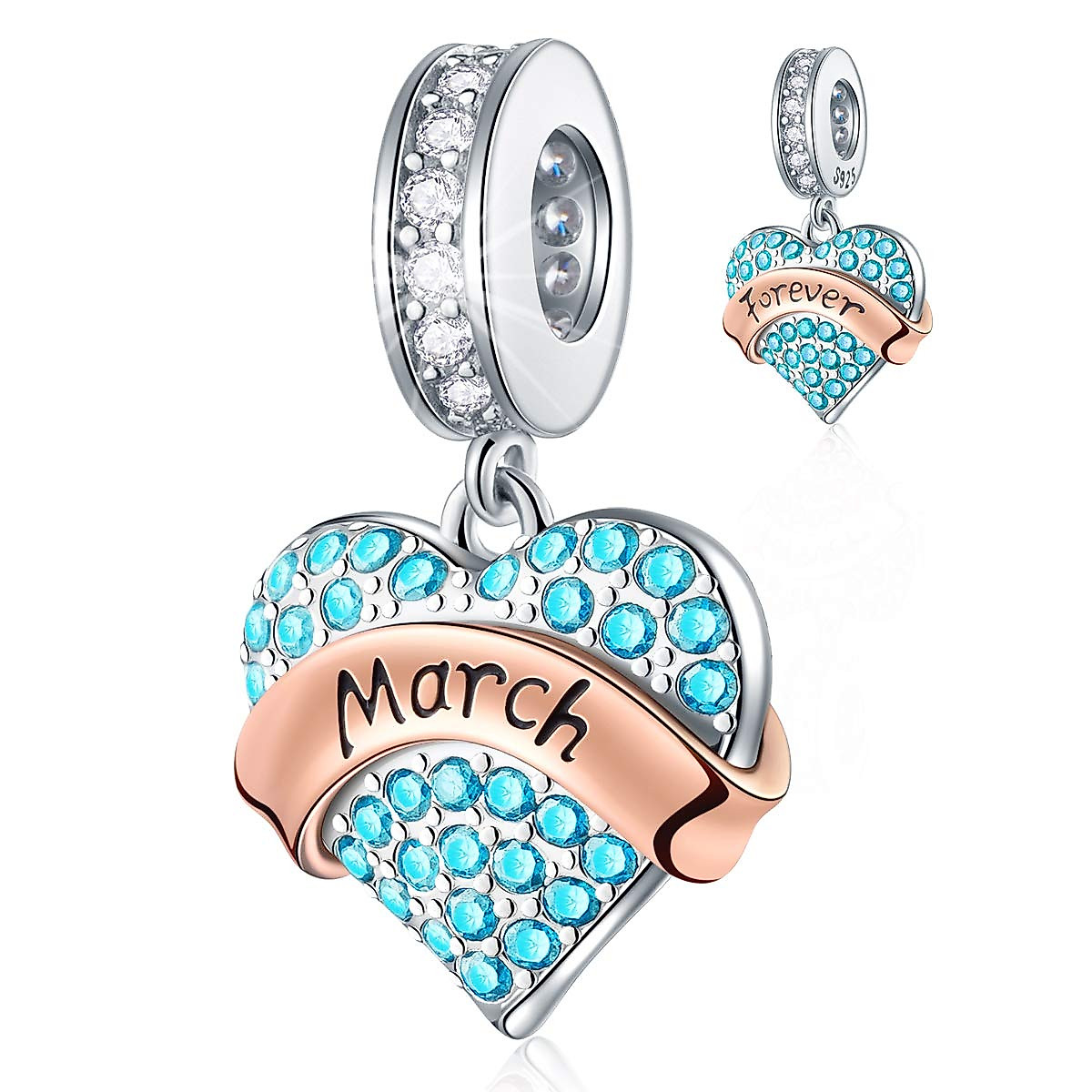 March Birthstone Charms fits Pandora Style Bracelet, Sparkling Pave Heart Aquamarine CZ Forever Love Pendant in 925 Sterling Silver, Gifts for Christmas/Mothers/Valentines Day