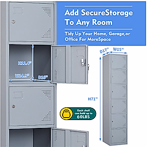 Yizosh Metal Locker with 6 Doors, Tall Steel Storage Lockers for Employees - 71" Locker Storage Cabinets for School, Gym, Home, Office, Garage (Grey)