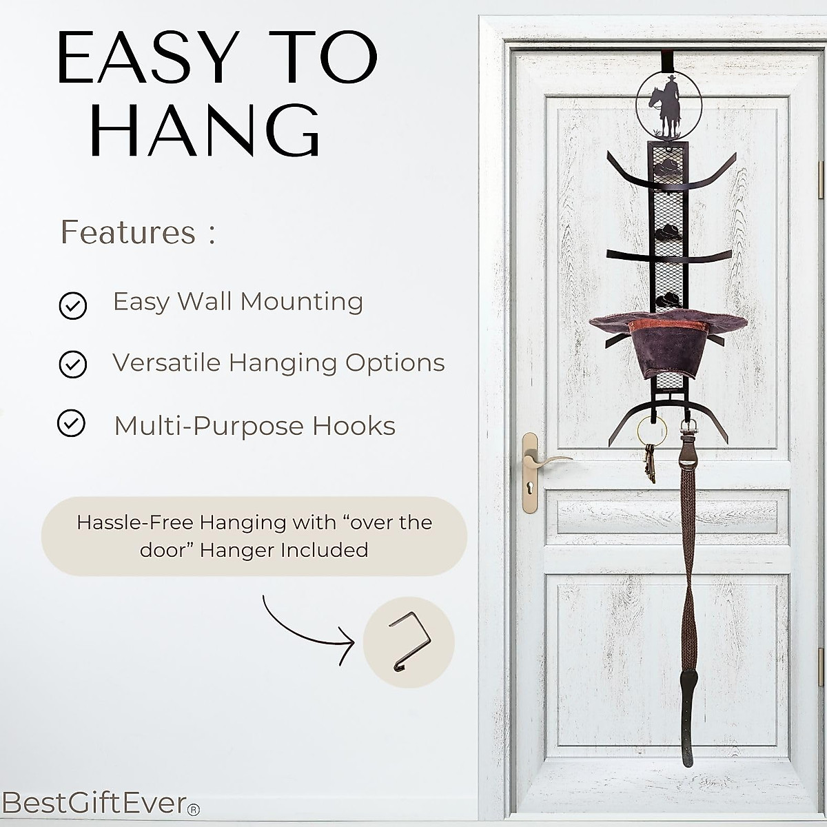 BestGiftEver Cowboy Hat Rack Wall Mount - Rustic Western Style Metal Hat Holder with 4 Slots - Country Cowboy Decor for Wall or Over Door, Ideal for Ranch and Rustic Home Style Enthusiasts