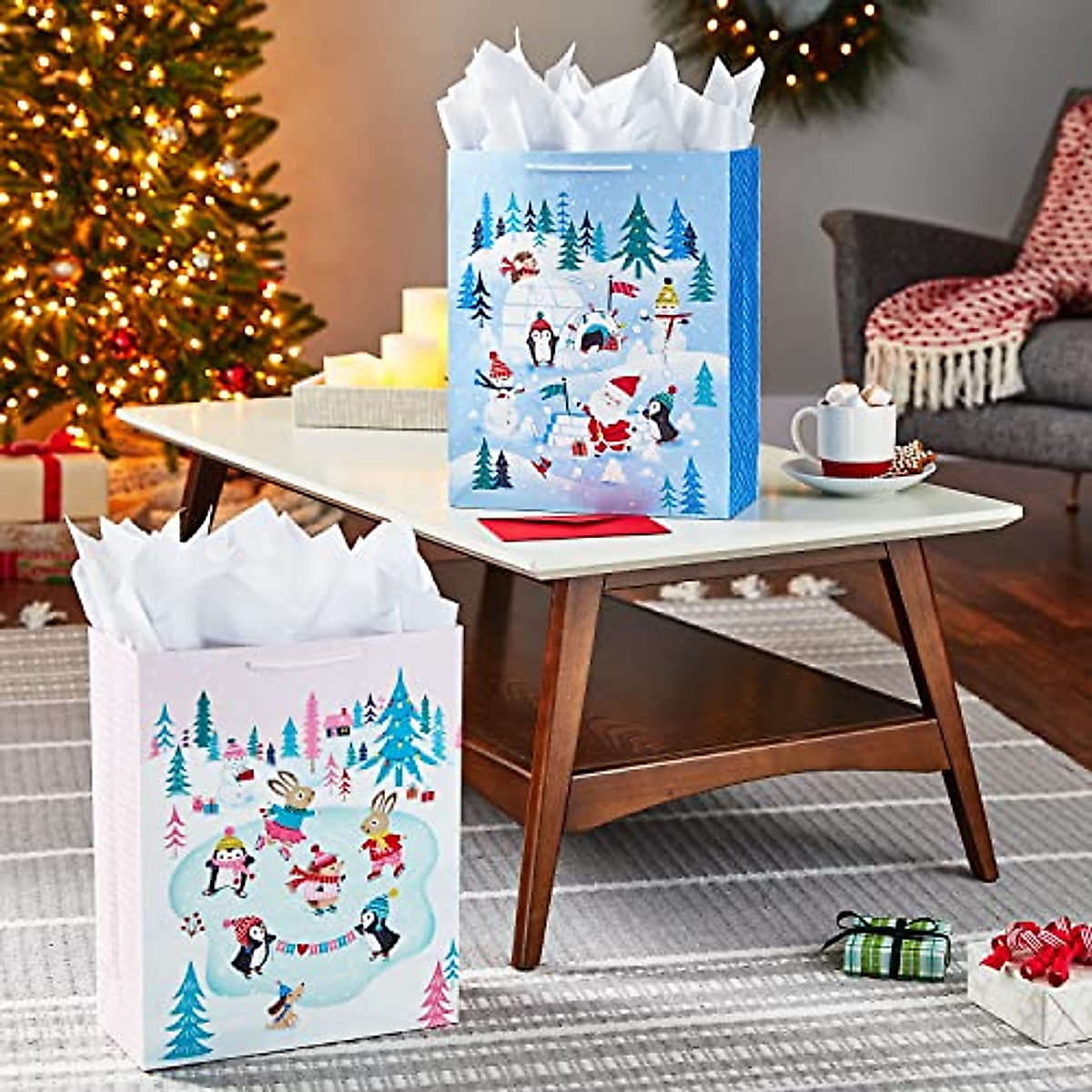 Hallmark 15" Extra Large Christmas Gift Bags (2 Bags: Pink and Blue, Penguins, Hedgehogs, Santa, Snowmen, Dog, Bunny Rabbits) for Kids, Grandchildren, Baby Showers