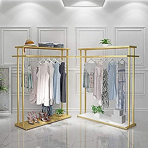 MDEPYCO Clothing Store Rolling Garment Rack with Wheel,Commercial Grade Nakajima Clothes Display Rack,Floor-Standing Double Hanging Rods Hangers Clothes Shelves (Gold with Wooden Boards, 47.2" L)
