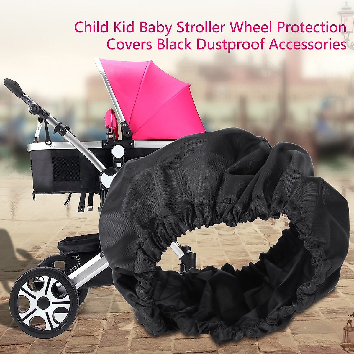 ViaGasaFamido Stroller Dustproof Cover, 4 Pcs/Set Child Kid Baby Stroller Wheel Covers Black Dustproof Accessories(S)