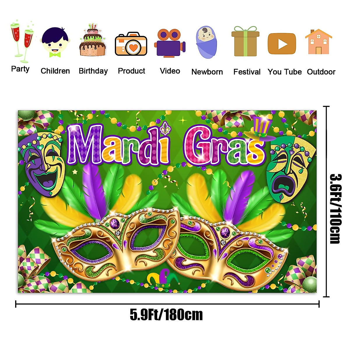Large 71" X 43" Green Mardi Gras Banner, Mardi Gras Decorations for Party, Mardi Gras Party Decorations Mardi Gras Backdrop, Mardi Gras Party Supplies for Masquerade tineit