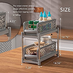 ZOINLIY Pull Out 2-Tier Storage Baskets Organizer with Handles Grey, Narrow Under Sink Organizer for Bathroom Kitchen, Cosmetic Organizer Drawers, Countertop Cabinet Storage Shelf Holder
