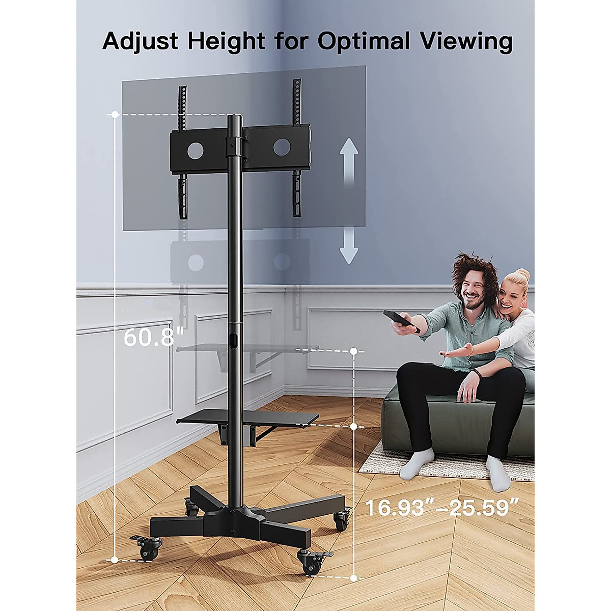 PERLESMITH Mobile TV Cart with Wheels for 23-60 Inch LCD LED OLED Flat Curved Screen Outdoor TVs Height Adjustable Shelf Floor Stand Holds up to 55lbs Monitor TV Holder with Tray Max VESA 400x400mm