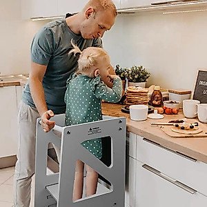 Toddler Kitchen Step Stool Toddler Standing Tower Toddler Step Stool Toddler Tower with Message Boards Safty Rail-Adjustable Kids Kitchen Step Stool for Kitchen Counter Bathroom Sink (Grey)