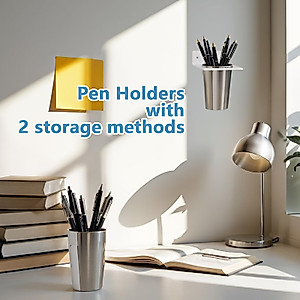 AVMDOM Wall Mount Pen Holders 3 Pcs, Acrylic Rack with Detachable Stainless Steel Cup for Desktop Wall Pencil Organizer, Wall Mount Holders for Home Office Pens Markers Makeup Dryer Storage