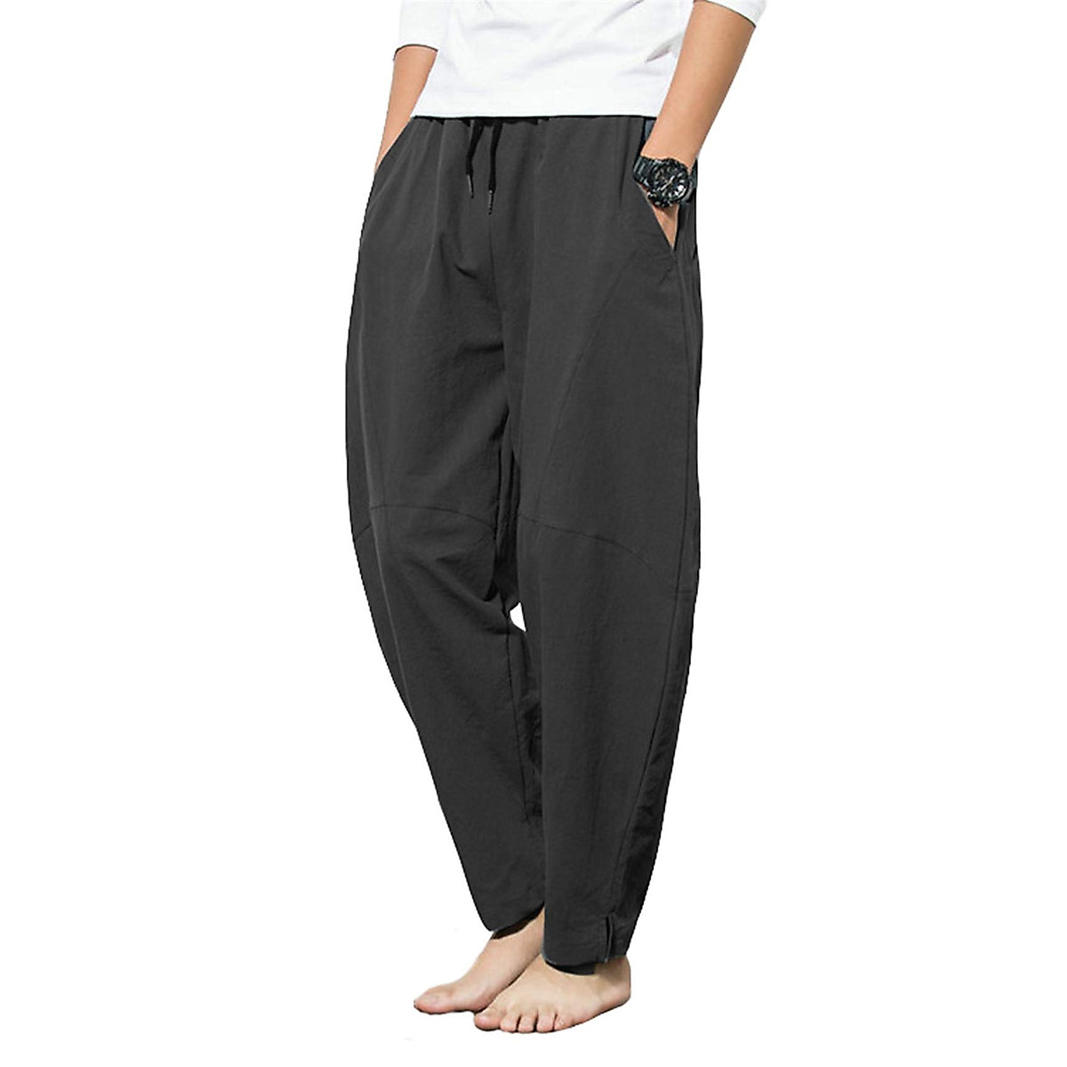 PACEIADTA Men's Cotton Linen Drawstring Pants Elastic Waist Casual Summer Beach Pants (XX-Large, Black)