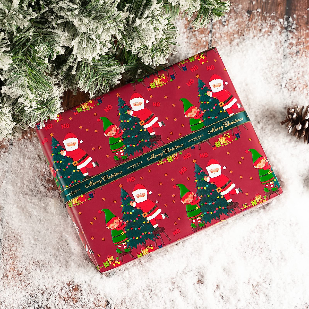 LeZakaa Reversible Christmas Wrapping Paper - Jumbo Roll - Santa Claus and Gnome & Colorful Star in Green - 24 inches x 100 Feet (200 sq.ft.)