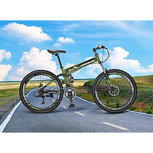 EUROBIKE Adult Folding Bike HY G6 Bicycle 26 Inches Muti Spoke Wheels 21 Speed Dual Suspension Folding Mountain Bike (G6 ArmyGreen -KT 32 Spoke)