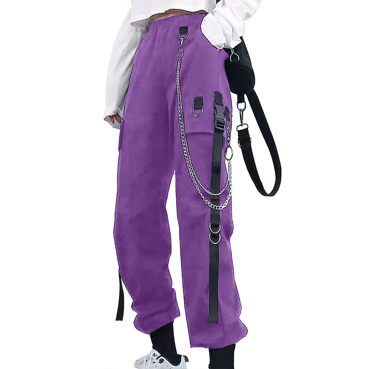Purple Cargo Pants with Chain Kpop Fashion Gothic Clothes for Women Emo Pants Aesthetic Pants for Teens Cyberpunk Pants