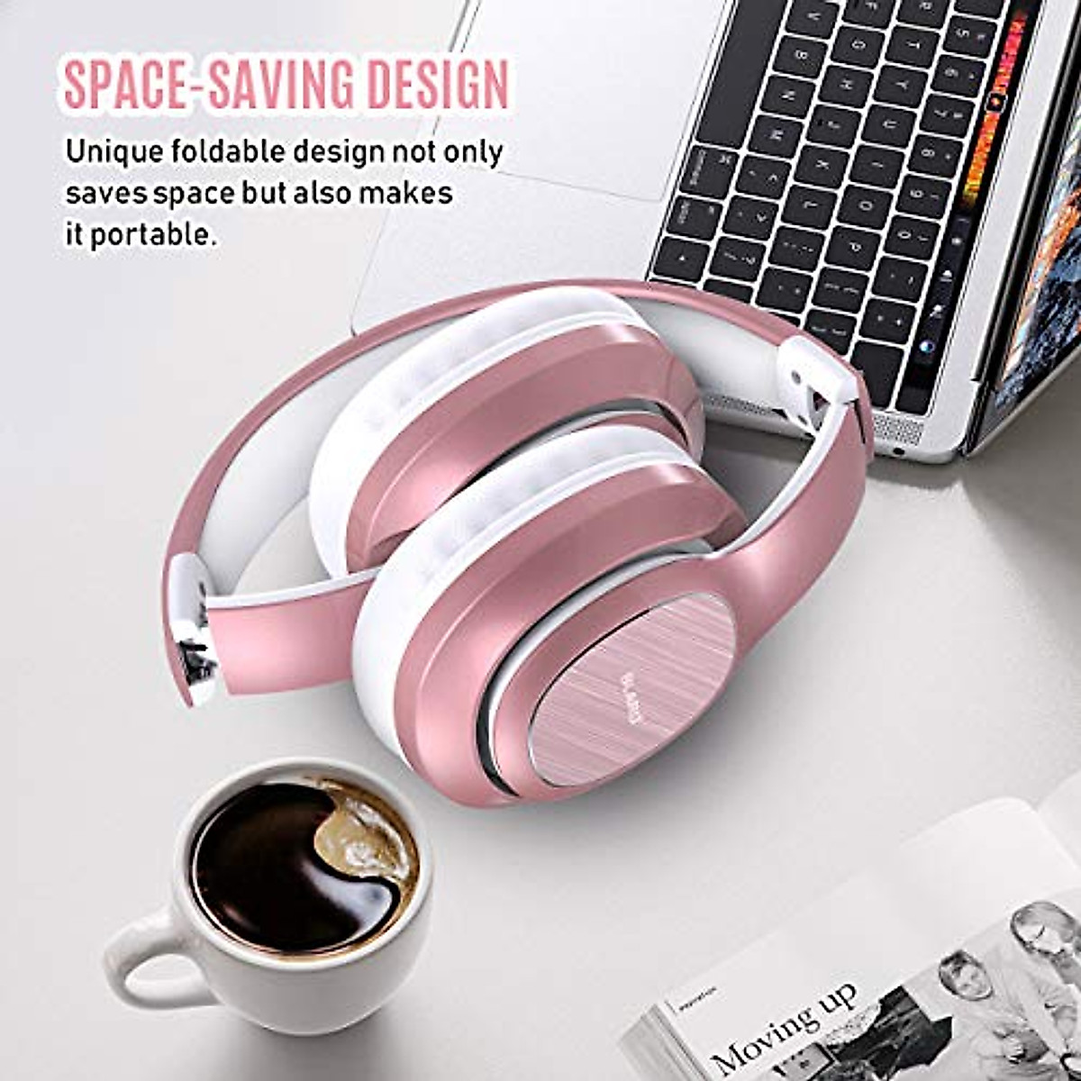 BLARO Bluetooth Headphones Over Ear, Hi-Fi Deep Bass Wireless and Wired Headsets, 72 Hours Playtime, Soft Memory Protein Earmuffs, Foldable Headphones with CVC6.0 Mic-Rose Gold