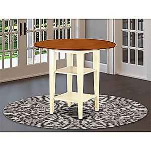 East West Furniture SUT-BMK-H Sudbury Counter Height Dining Table - a Round Dinner Table Top with Dropleaf & 2 shelves, 42x42 Inch, Buttermilk & Cherry